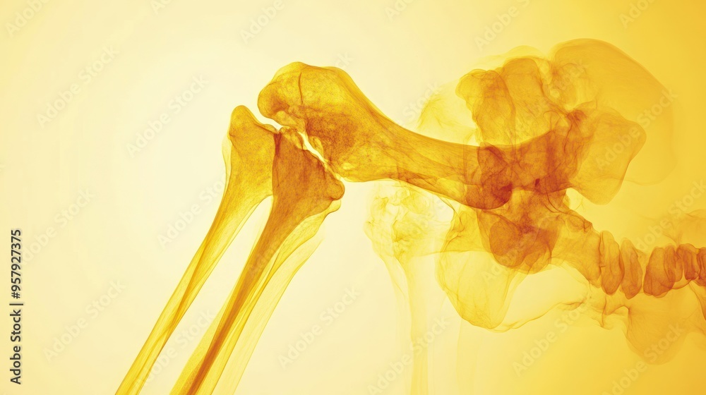A close-up X-ray image of a human knee joint showing the femur, tibia ...