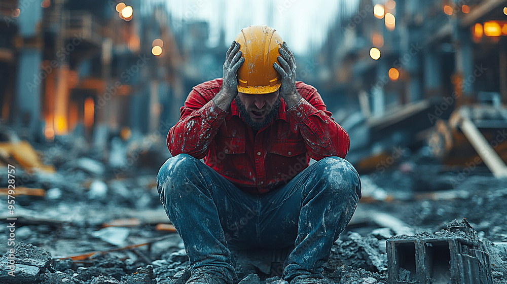 A stressed construction worker sits on debris, wearing a hard hat ...