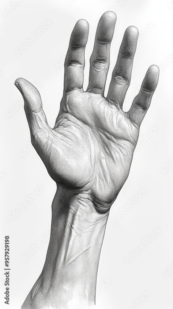 Open hand with the palm facing upwards, detailed lines on the fingers ...