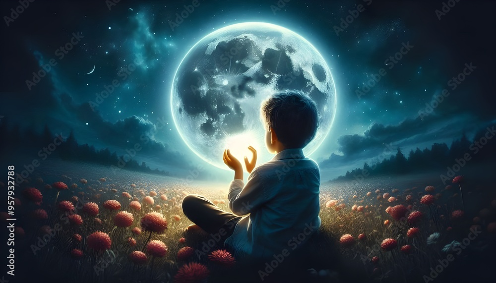Young Boy Holding Moon in Hands Under Starry Night Sky, Sitting on ...