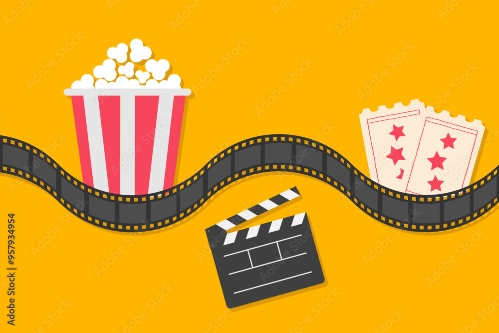 Film strip line. Open clapper board. Popcorn box icon set. Ticket Admit ...
