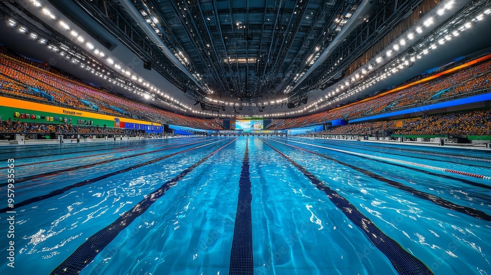 Olympic sized swimming pool. Interior swimming pool, stadium, event. Brightly lit, fresh water ...