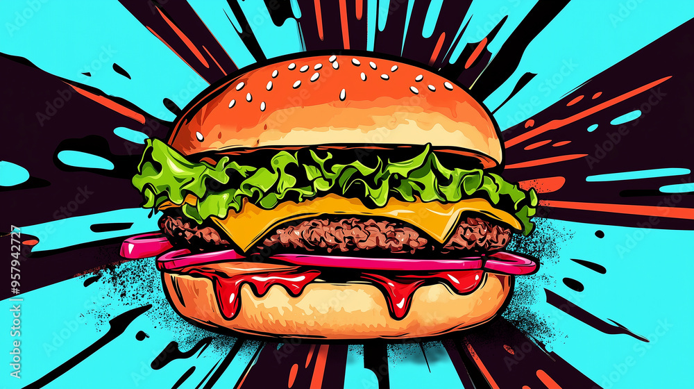 It is a burger ad designed like a comic book cover. It's a pop art ...