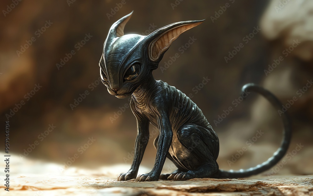 Cute alien cat hybrid with a long, slender body, expressive eyes, and ...
