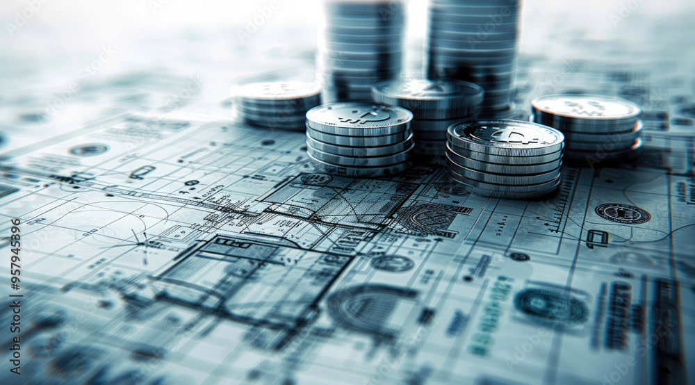 Abstract blueprint or architectural design made up of currency symbols ...