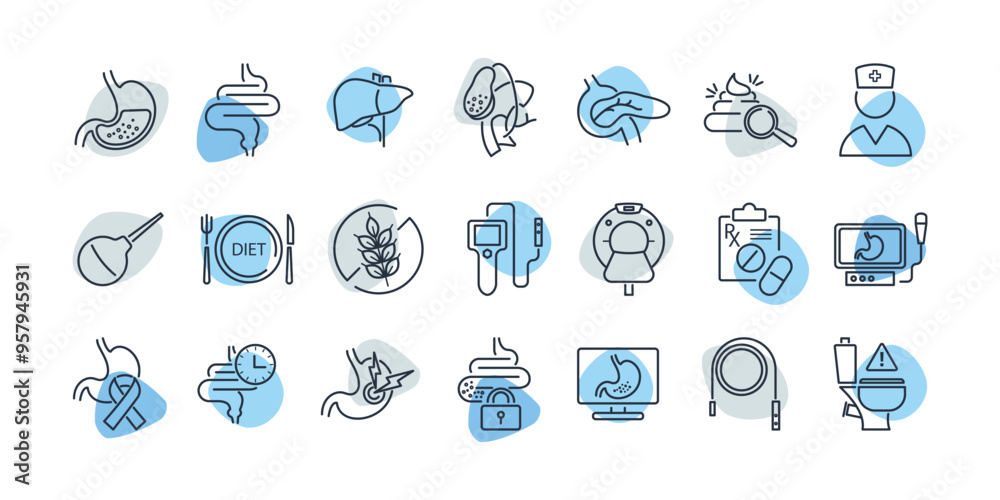 Gastroenterology line icon set. Liver, gallbladder, pancreas, gluten ...