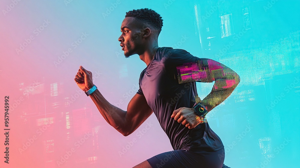 Athlete sprinting with a sports smartwatch that tracks GPS, heart rate ...