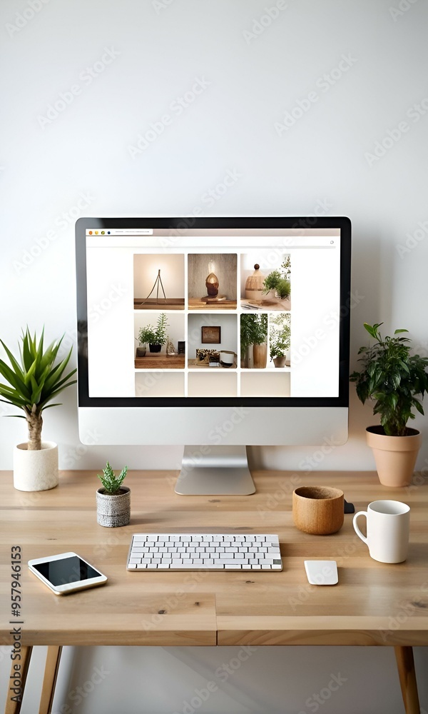 Clean and minimalist desktop setup with a modern computer displaying a ...