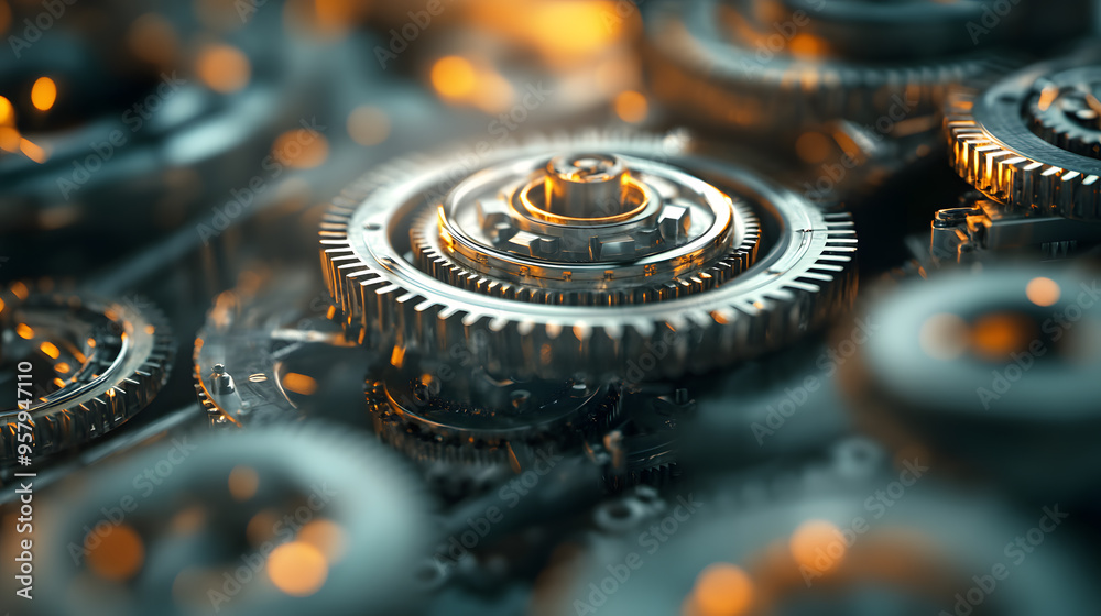 Detailed view of interconnected cogs and machinery symbol Stock ...