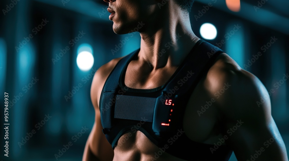 Wearable chest strap sensor on a runner, showing digital metrics like ...