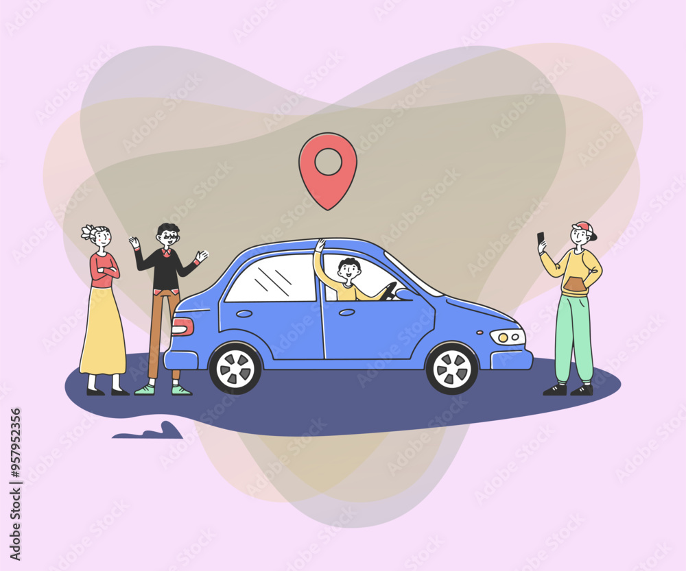 Car sharing service. People searching transport with map location pin ...