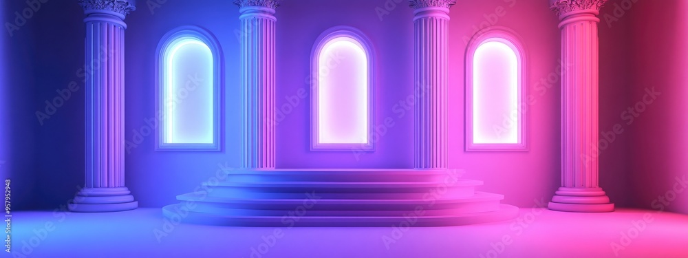 Roman style stage design featuring two windows a raised three level ...