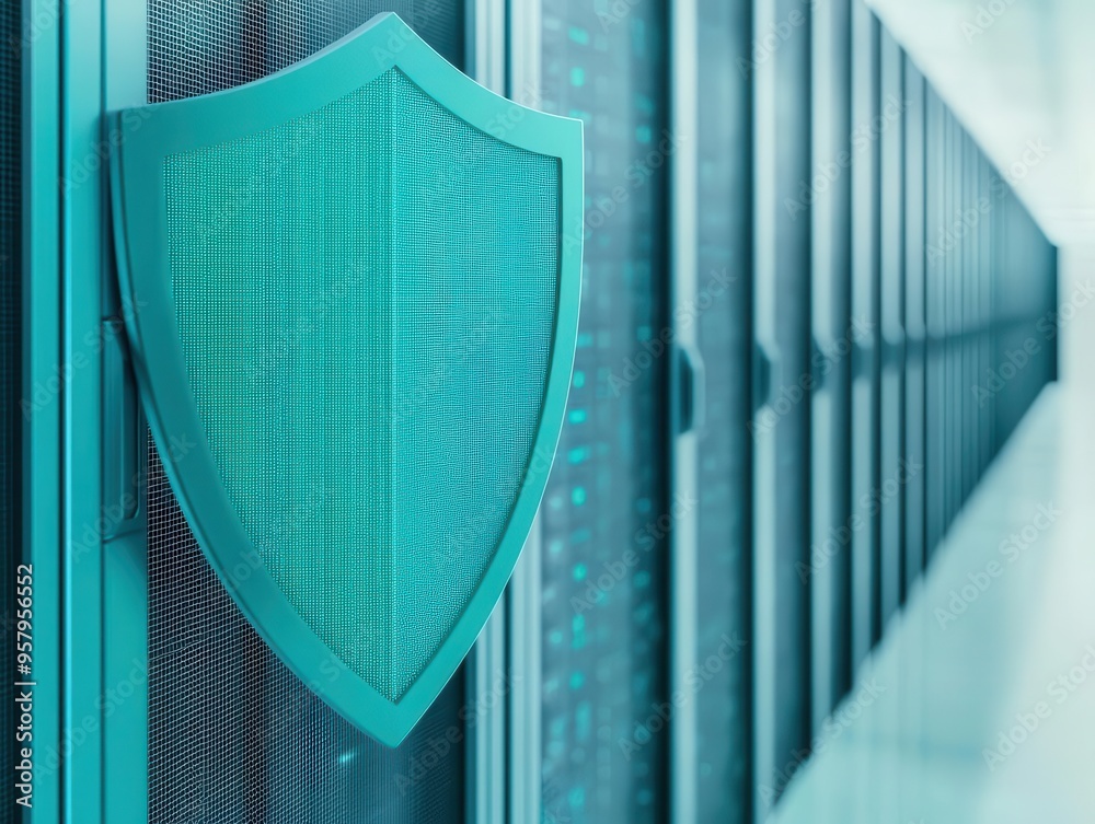A modern server room featuring a digital shield symbolizing data ...