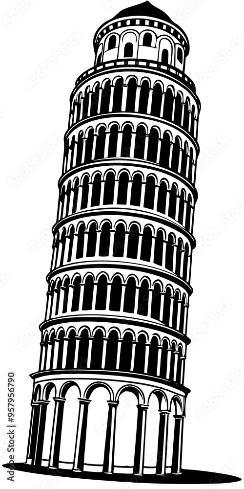 leaning tower of pisa black and white vector silhouette design set ...