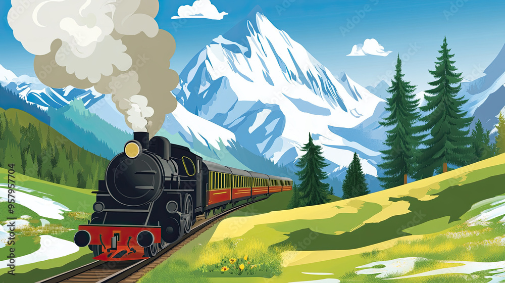 Beautiful stylized landscape of a classic steam locomotive train and ...