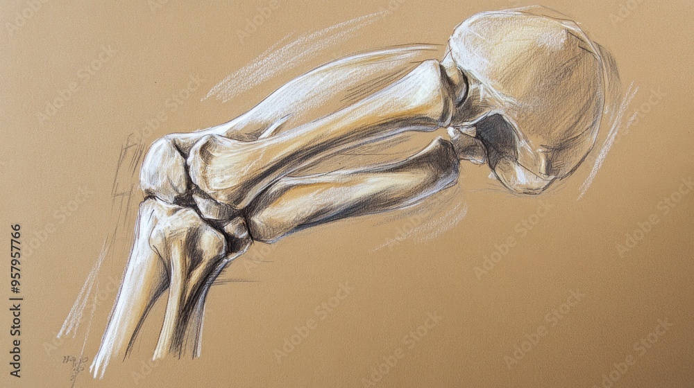 Detailed anatomical drawing of a human knee joint on brown paper. Stock ...