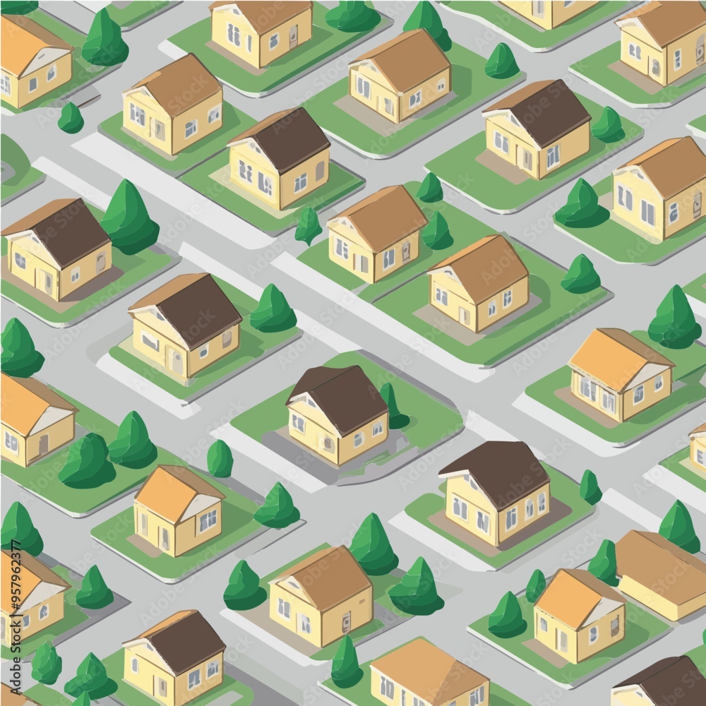 Flat isometric vector graphic of a suburban neighborhood with uniform ...