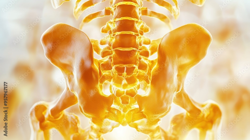 A detailed 3D rendering of the human pelvic bone, highlighting the ...