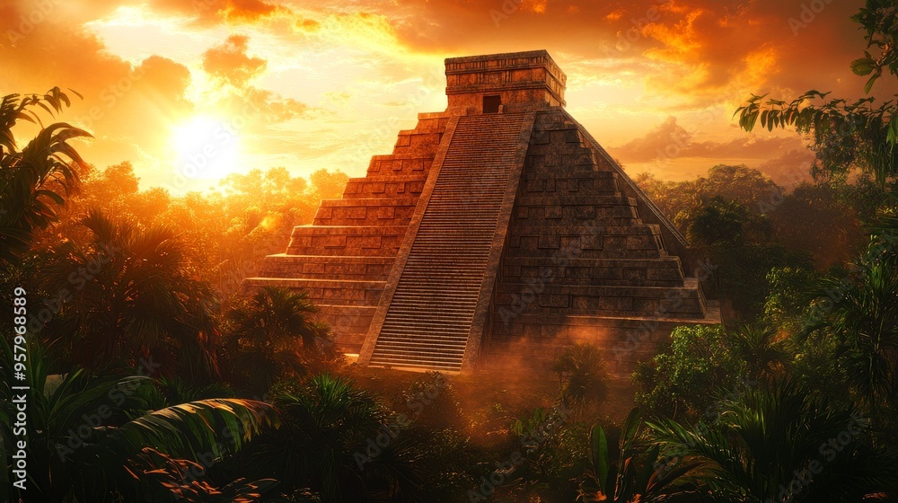 Illustrated background of an ancient Mayan pyramid in the middle of a ...