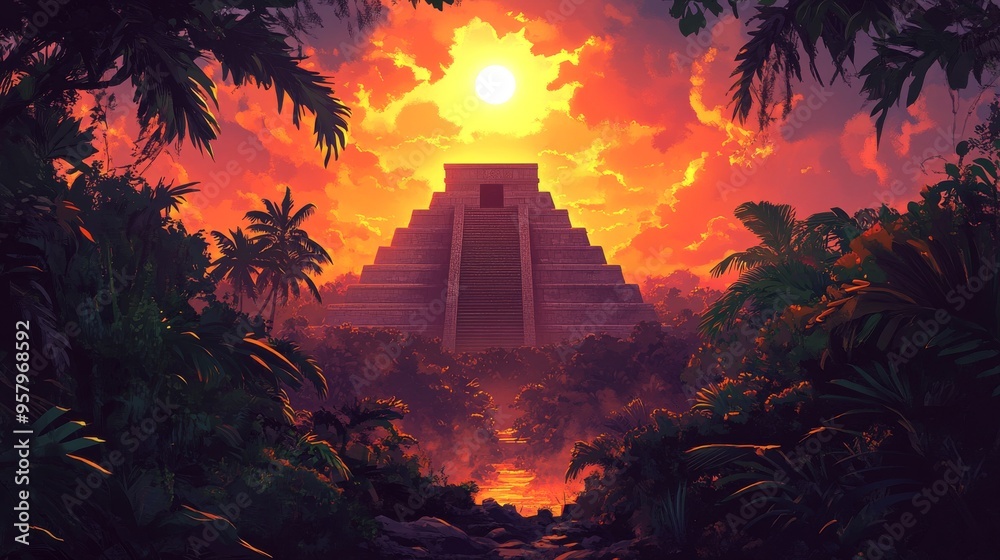 Illustrated background of an ancient Mayan pyramid in the middle of a ...