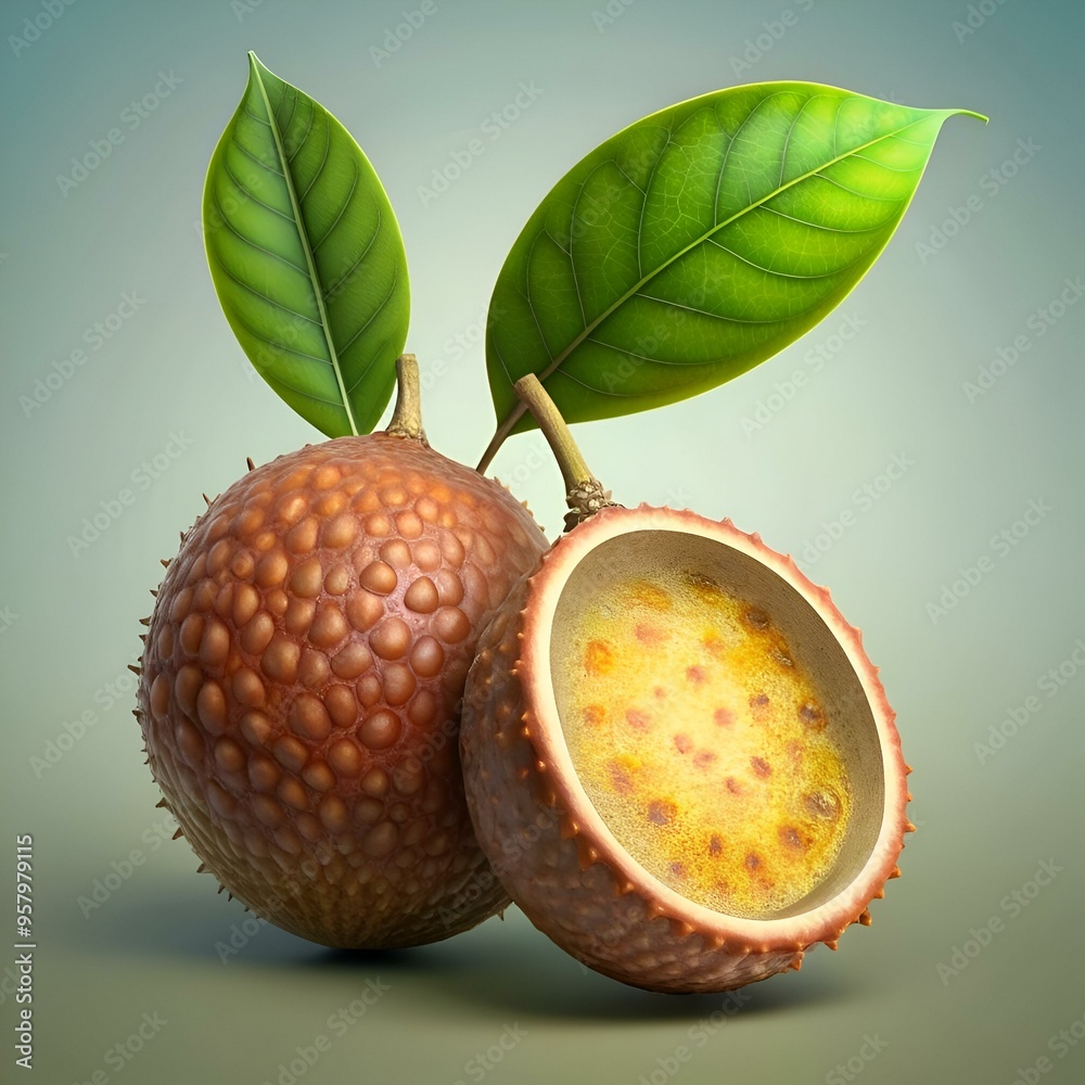 A 3D illustration of a mamoncillo fruit. showing both the whole fruit ...