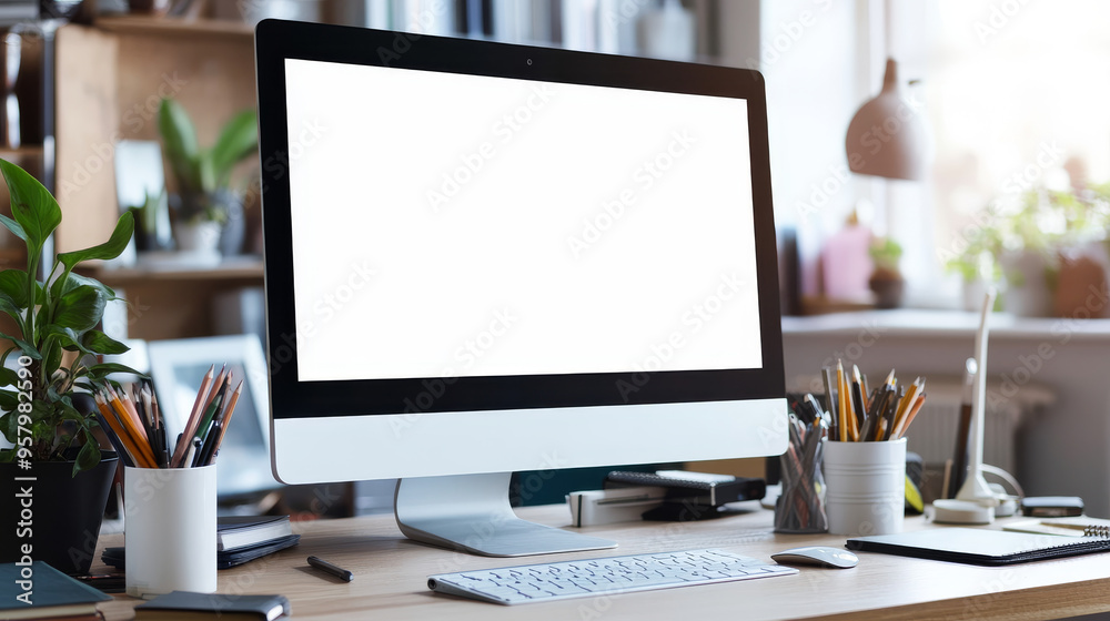 Graphic designer's workspace with a computer featuring a white screen ...