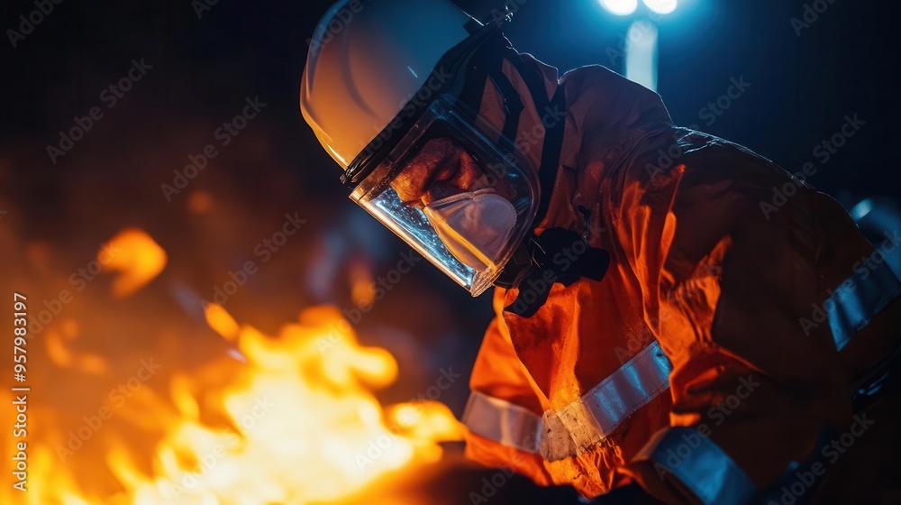 Firefighter in full gear battling intense flames at night, showcasing ...