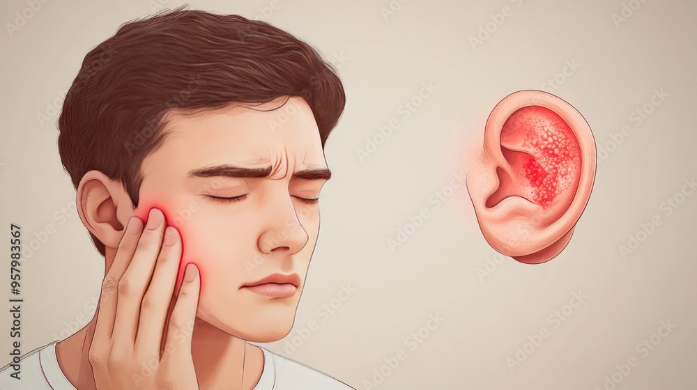 Illustration of a man with a red, painful ear and jaw, showing symptoms ...