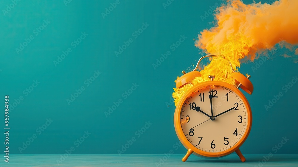 Clock with a cracked, burning dial, smoke spiraling upwards as the ...