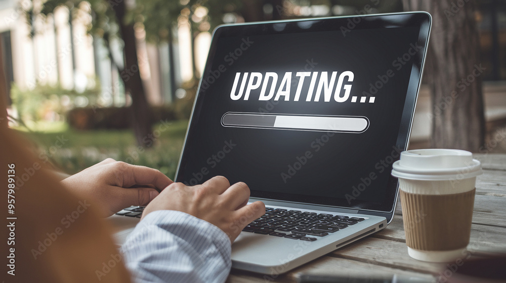 Person using a laptop displaying a software update progress bar with a ...