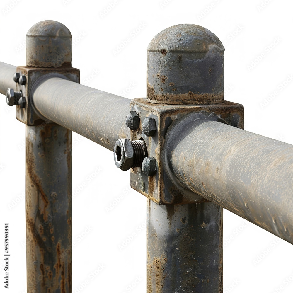 Bridge railing nut, pole. Bridge railing, bolts attached to posts ...