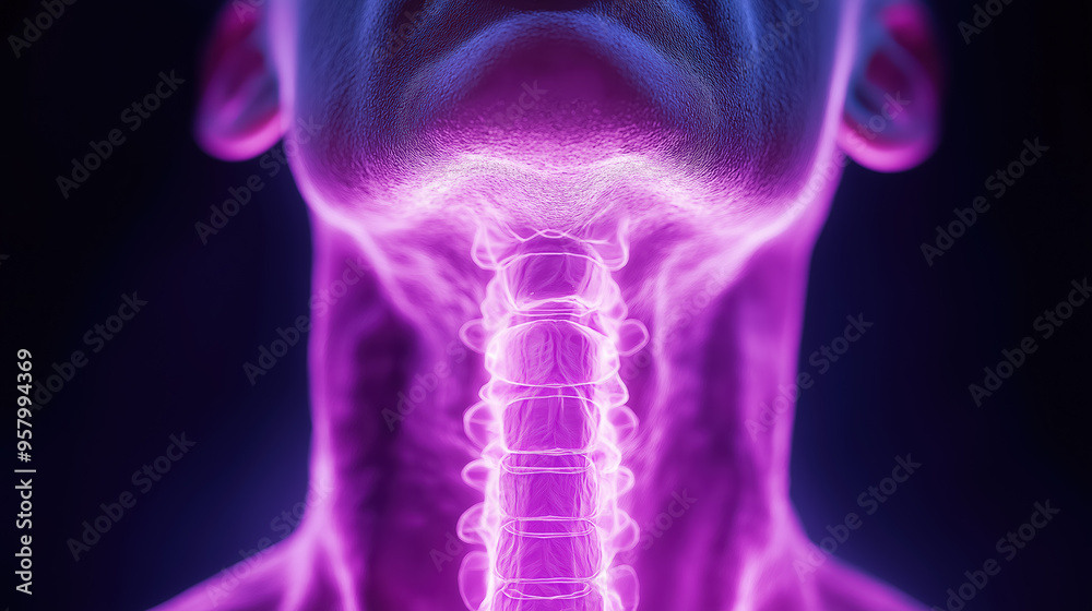 Close-up of a human neck highlighted in vibrant purple light, focusing ...