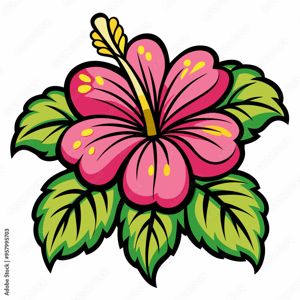 Tropical Hibiscus Flower Coloring Page - Cartoon Vector Illustration ...