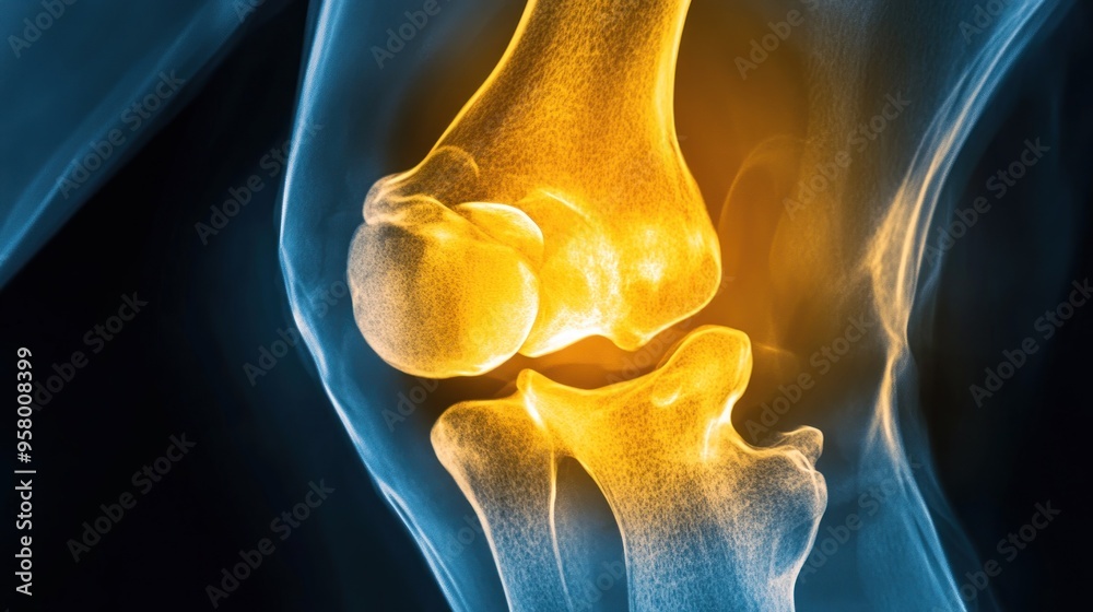 X-ray image of a human knee joint with the knee highlighted in yellow ...