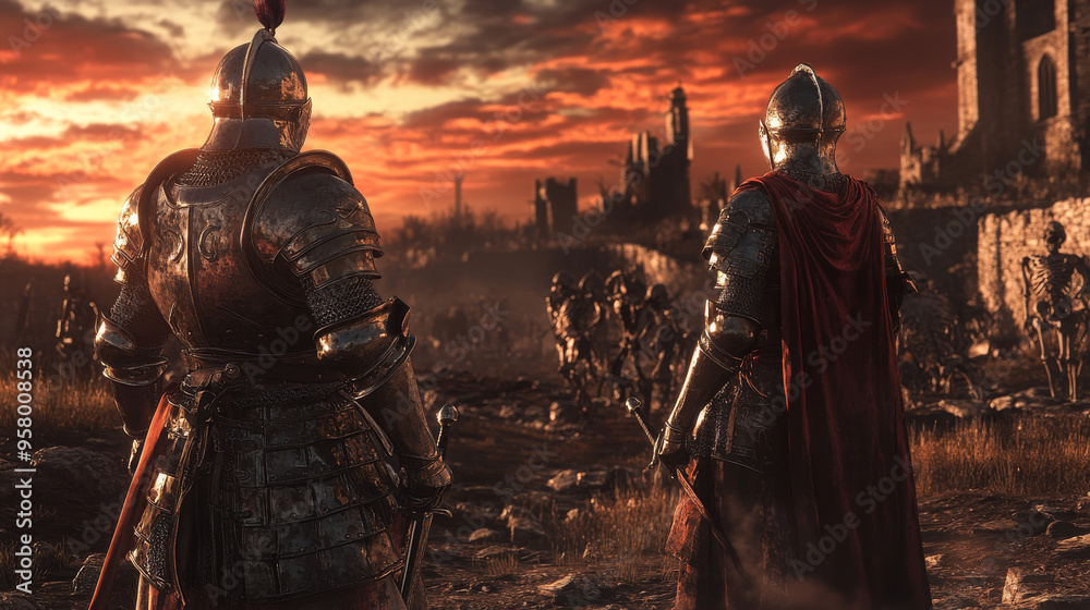 Two knight companions, a man and a woman, clad in thick, shiny armor ...