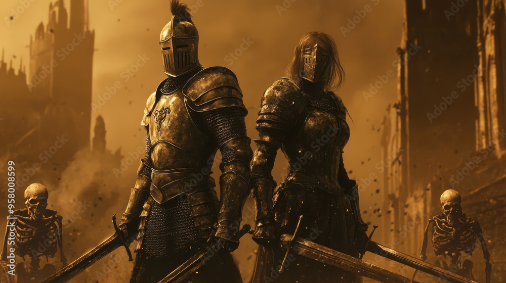 Two knight companions, a man and a woman, clad in thick, shiny armor ...