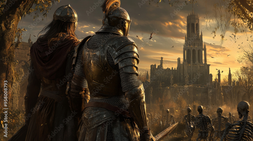 Two knight companions, a man and a woman, clad in thick, shiny armor ...