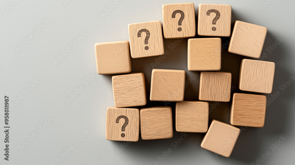 Wooden blocks with question marks arranged in a semi-circular pattern ...