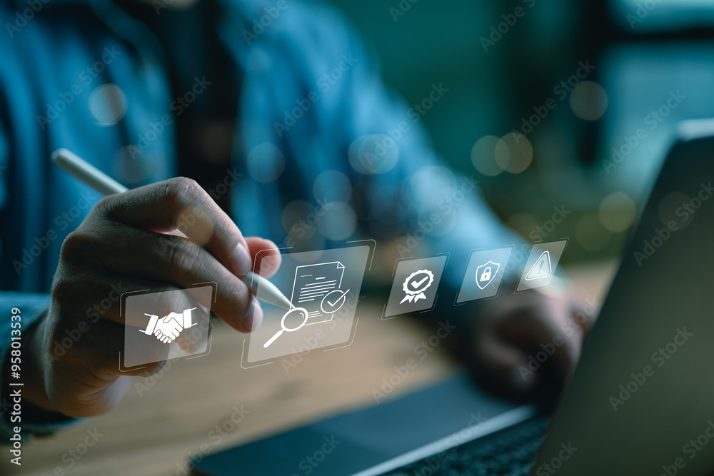 Document management system, DMS. Businessman using laptop connecting to ...