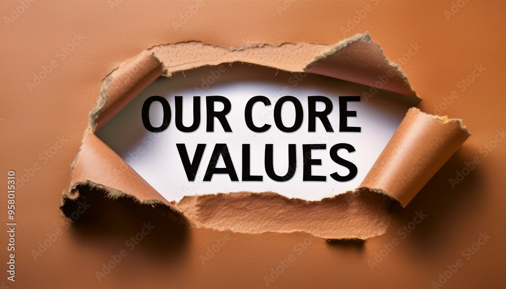 Our core values symbol. Words 'Our core values' appearing behind torn ...