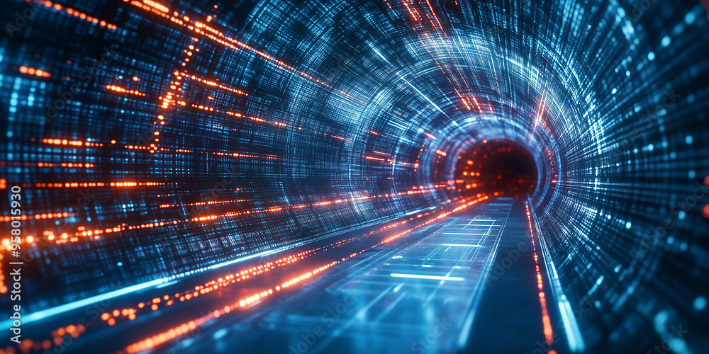 Digital time tunnel, symbolizing high-speed data flow. 3D virtual ...