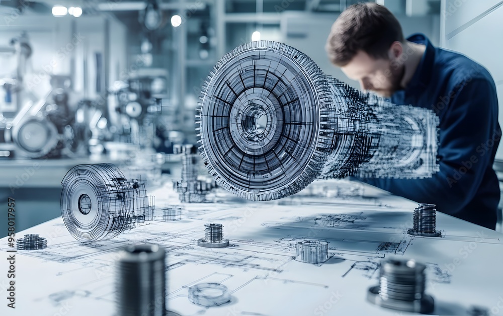 An engineer inspecting a complex machinery component. The image shows a ...