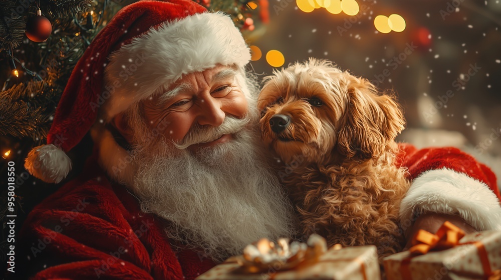 Santa Claus, a Dog, and a Child Sharing a Moment by the Christmas Tree ...