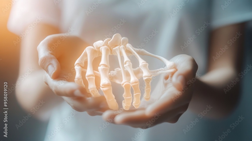 A close-up shot of a person's hands holding a skeletal hand. The ...