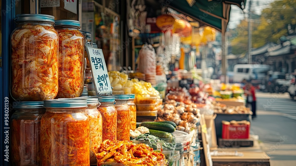 25. A traditional Korean market scene, with vibrant displays of kimchi ...