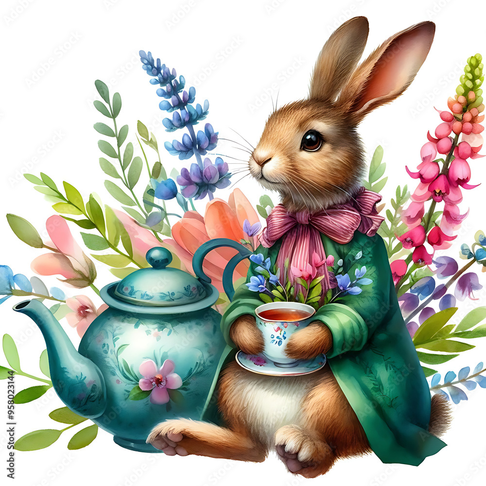 March Hare with Teapot, watercolor clipart illustration with isolated ...