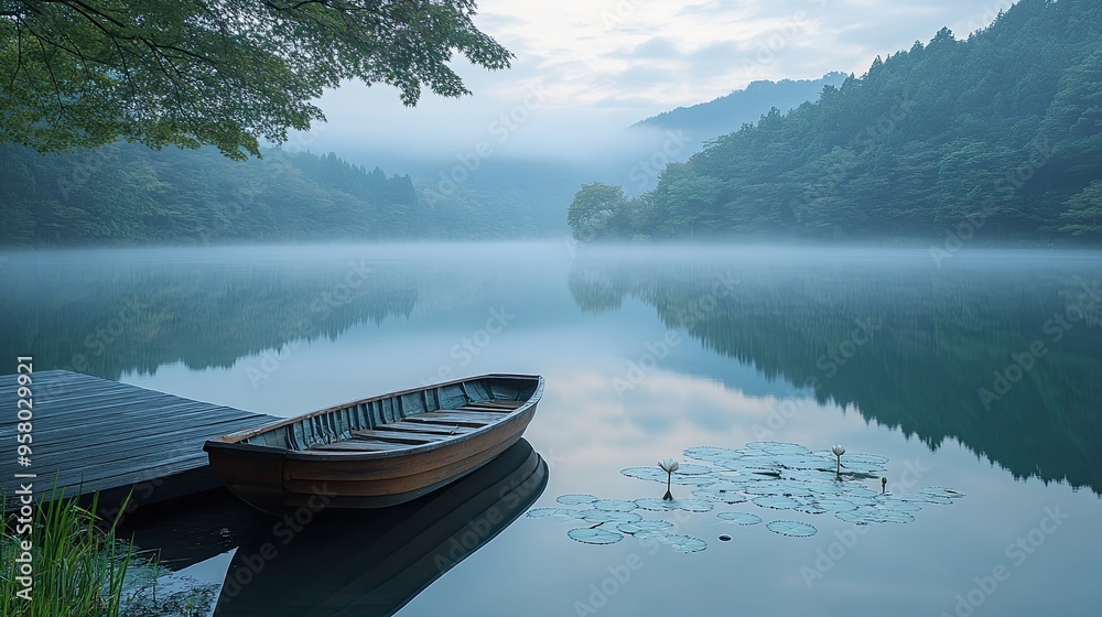 44. A serene Japanese lake with lily pads and blooming lotus flowers, a ...