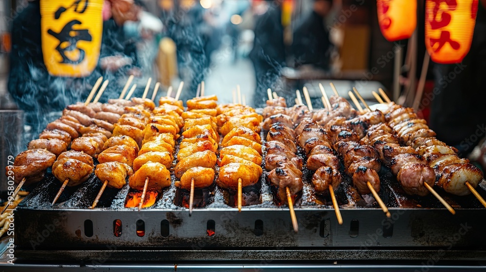 43. A traditional Japanese street food vendor, with colorful banners ...