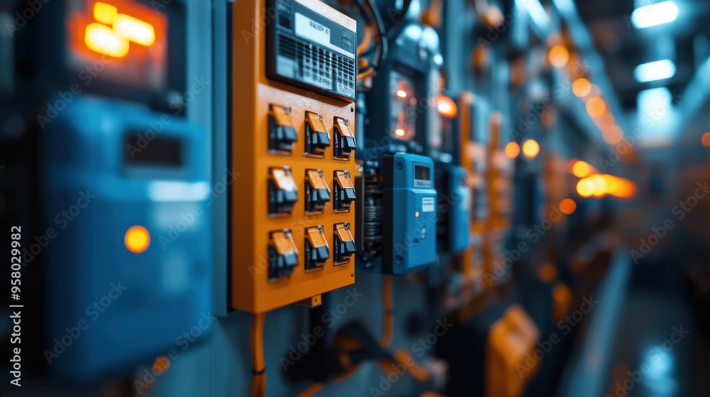 Close-up View of Labeled Electrical Safety Equipment with Warning Signs ...
