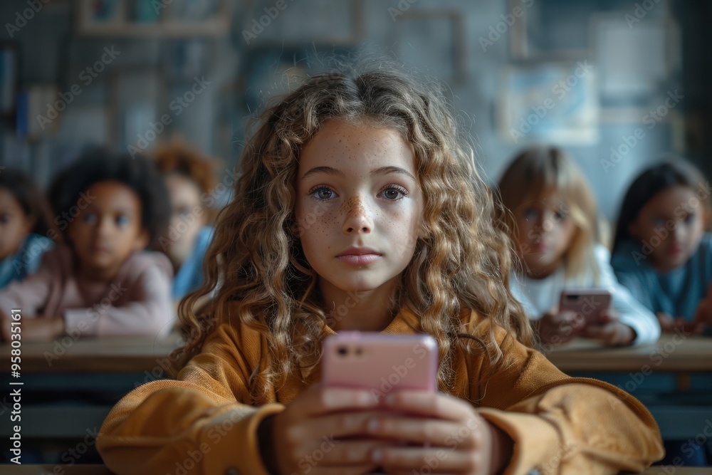 Young girl focused on her smartphone in a classroom filled with peers ...